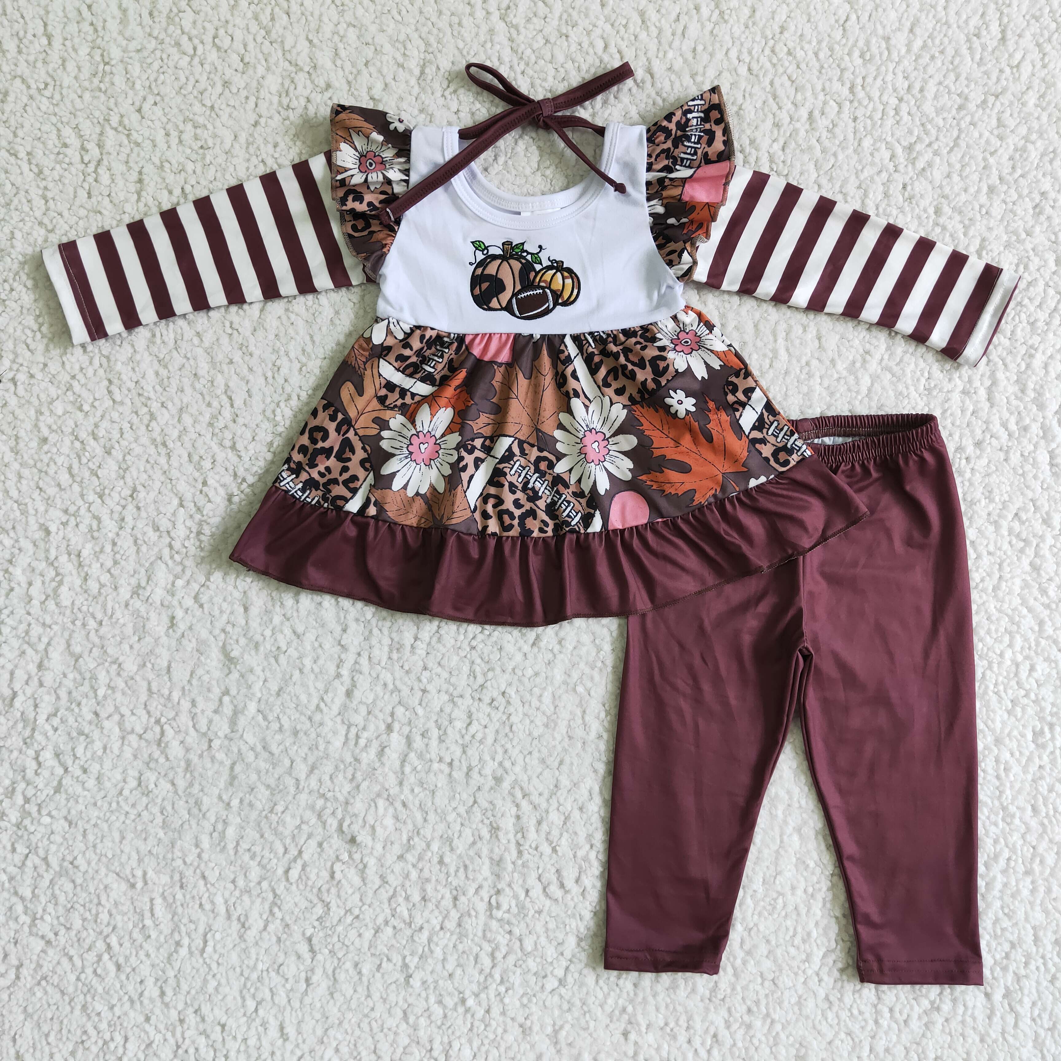 GLP0117 Football Pumpkin Embroidery Flowers Tunic Top Legging Pants Gi ...