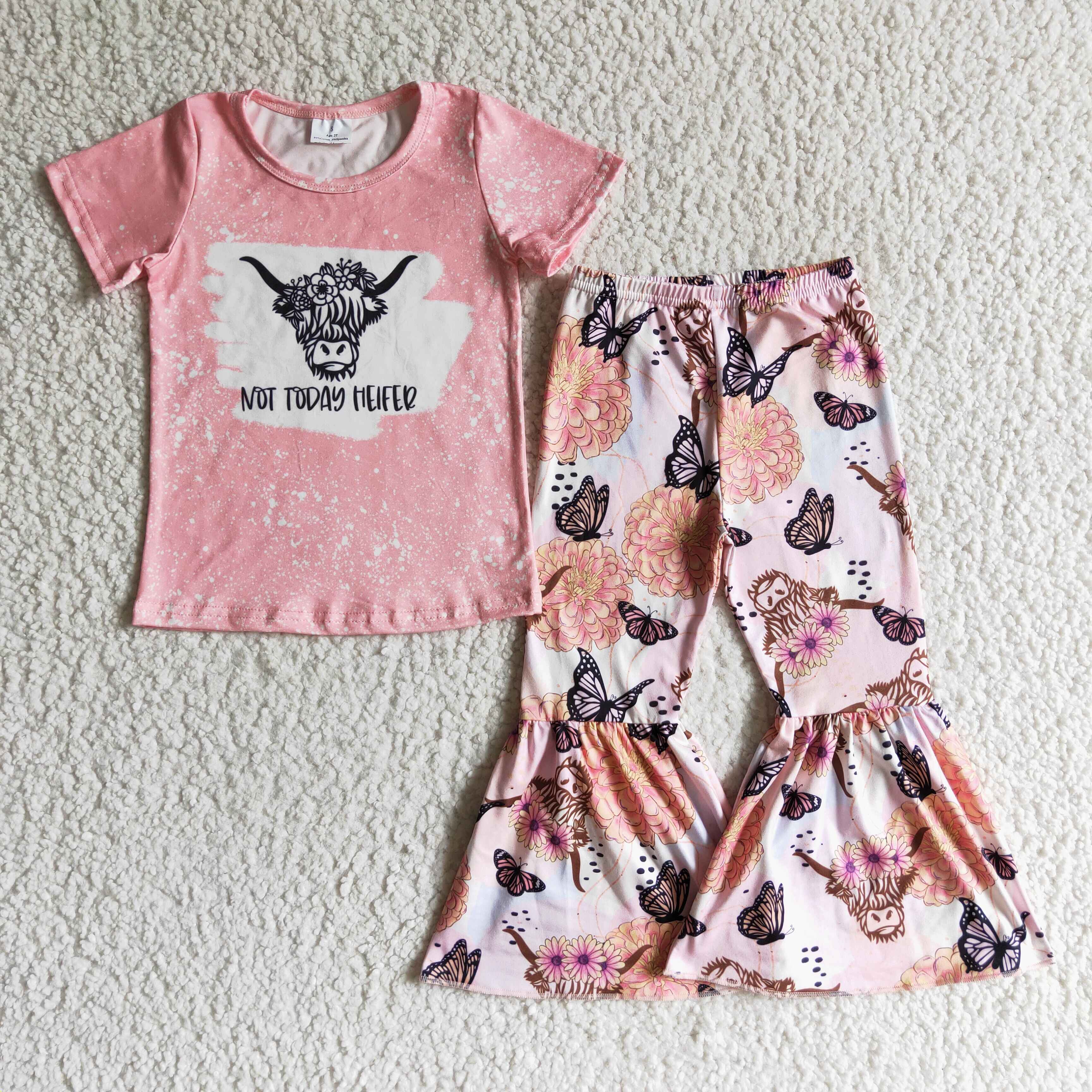 (Promotion)GSPO0082 Highland Cow Top Pink Bell Pants Girls Western Clo ...
